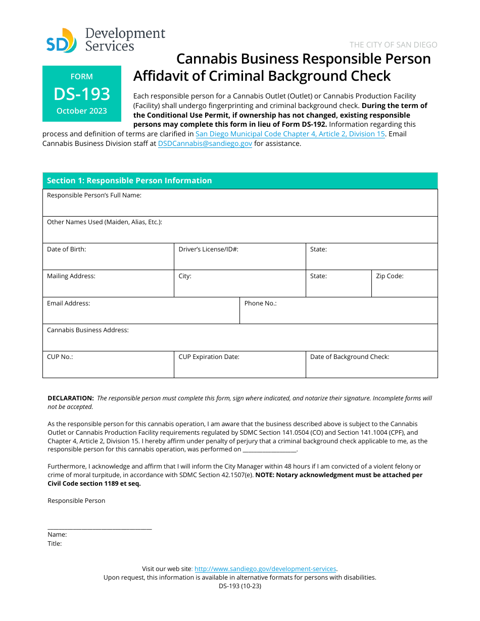 Form DS-193 - Fill Out, Sign Online and Download Fillable PDF, City of ...