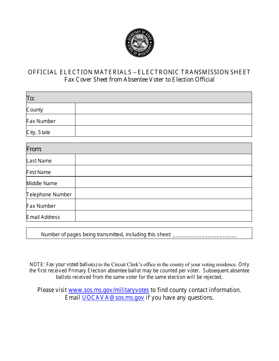 Mississippi Fax Cover Sheet From Absentee Voter to Election Official ...