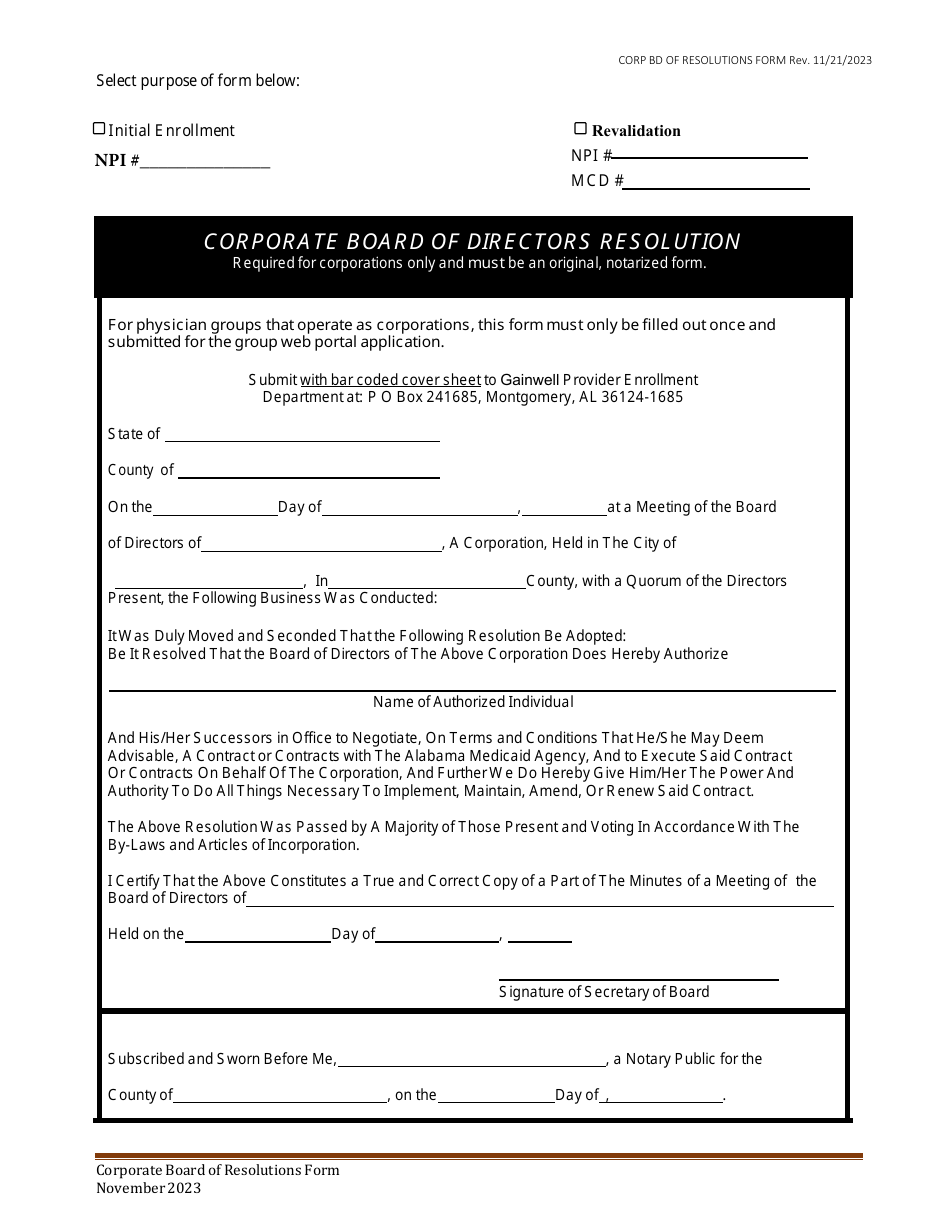 Alabama Corporate Board of Directors Resolution Download Printable PDF ...