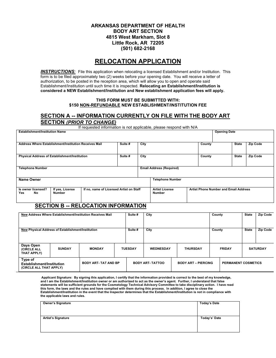 Arkansas Relocation Application - Fill Out, Sign Online and Download PDF | Templateroller