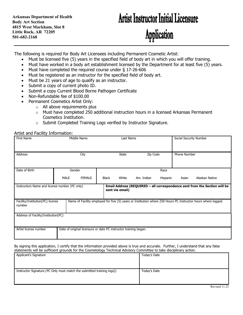 Arkansas Artist Instructor Initial Licensure Application - Fill Out ...