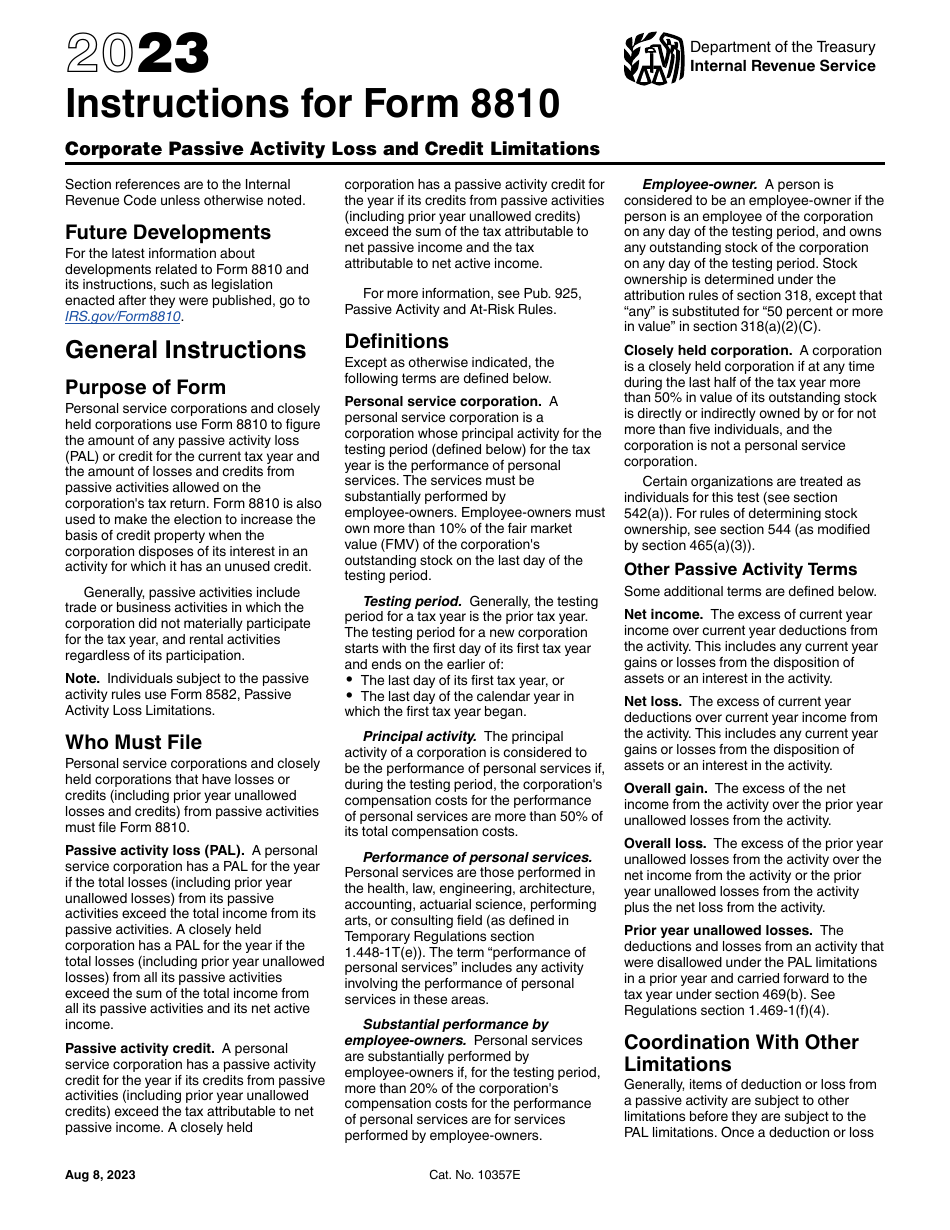 Download Instructions for IRS Form 8810 Corporate Passive Activity Loss ...