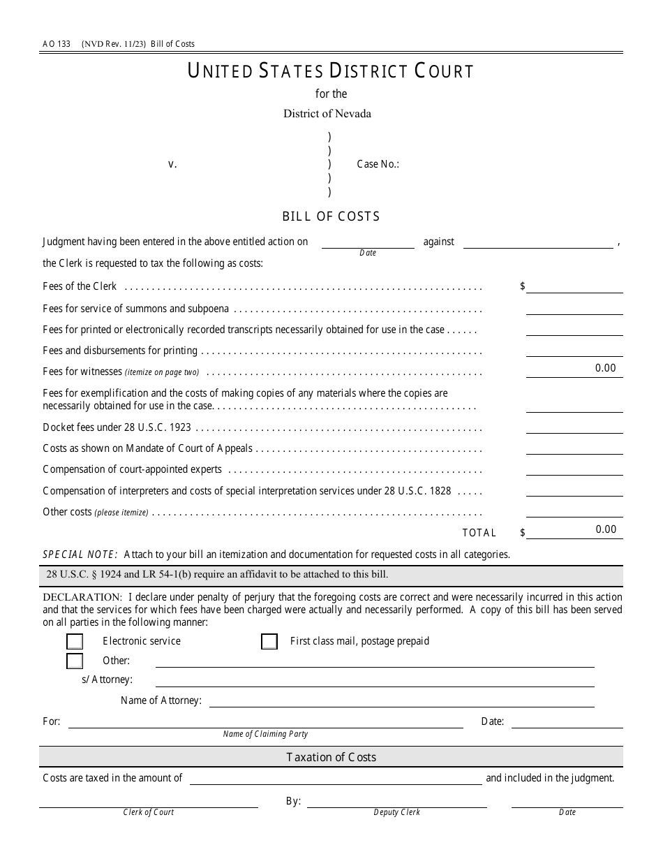 Form AO133 Download Fillable PDF or Fill Online Bill of Costs, Nevada ...