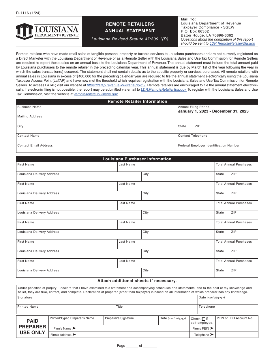 Form R-1116 Download Fillable PDF or Fill Online Remote Retailers ...