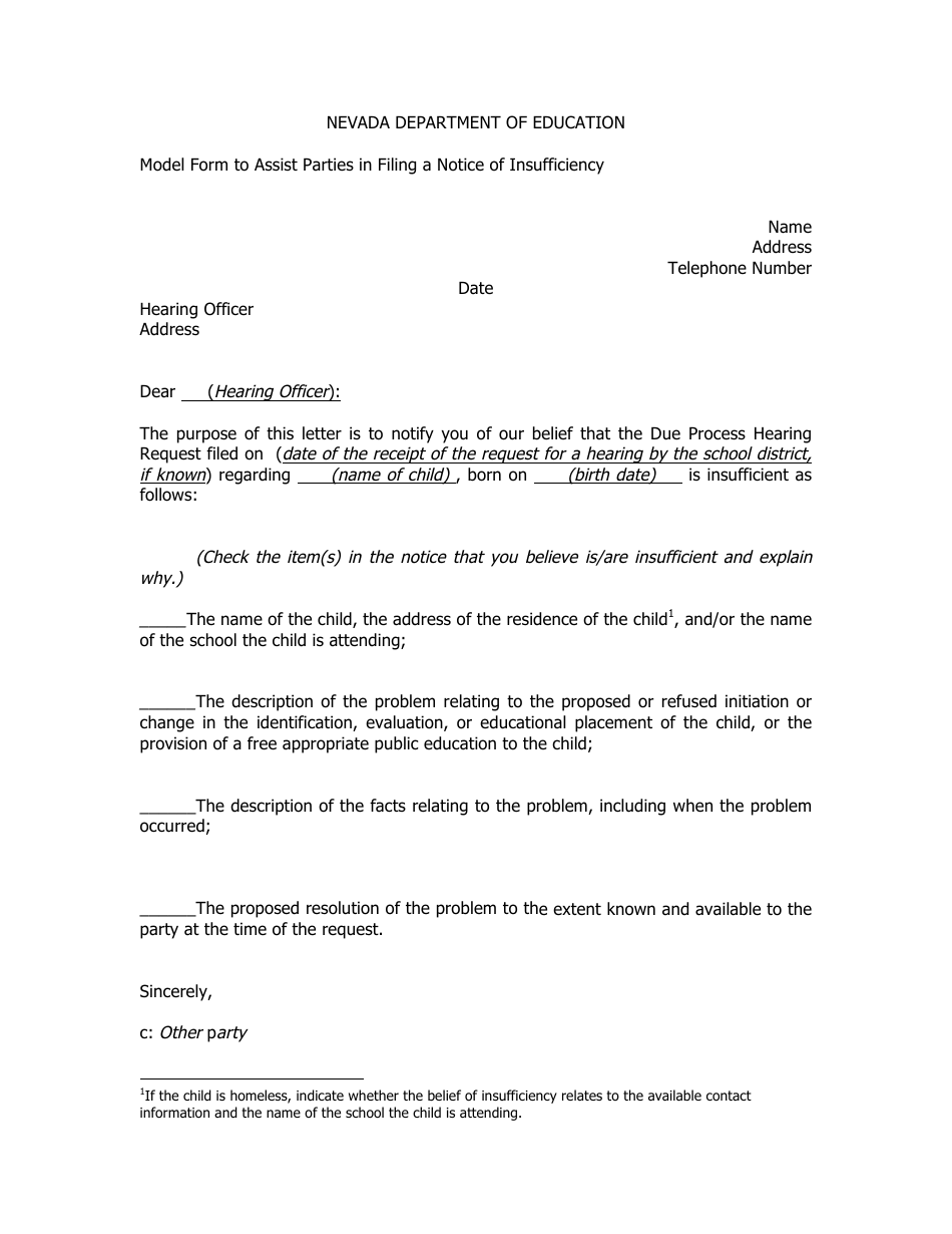 Nevada Model Form to Assist Parties in Filing a Notice of Insufficiency ...