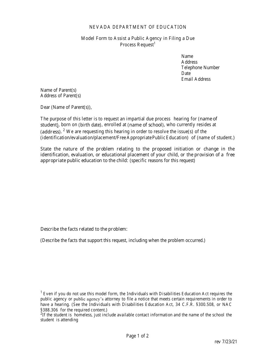Nevada Model Form to Assist a Public Agency in Filing a Due Process ...
