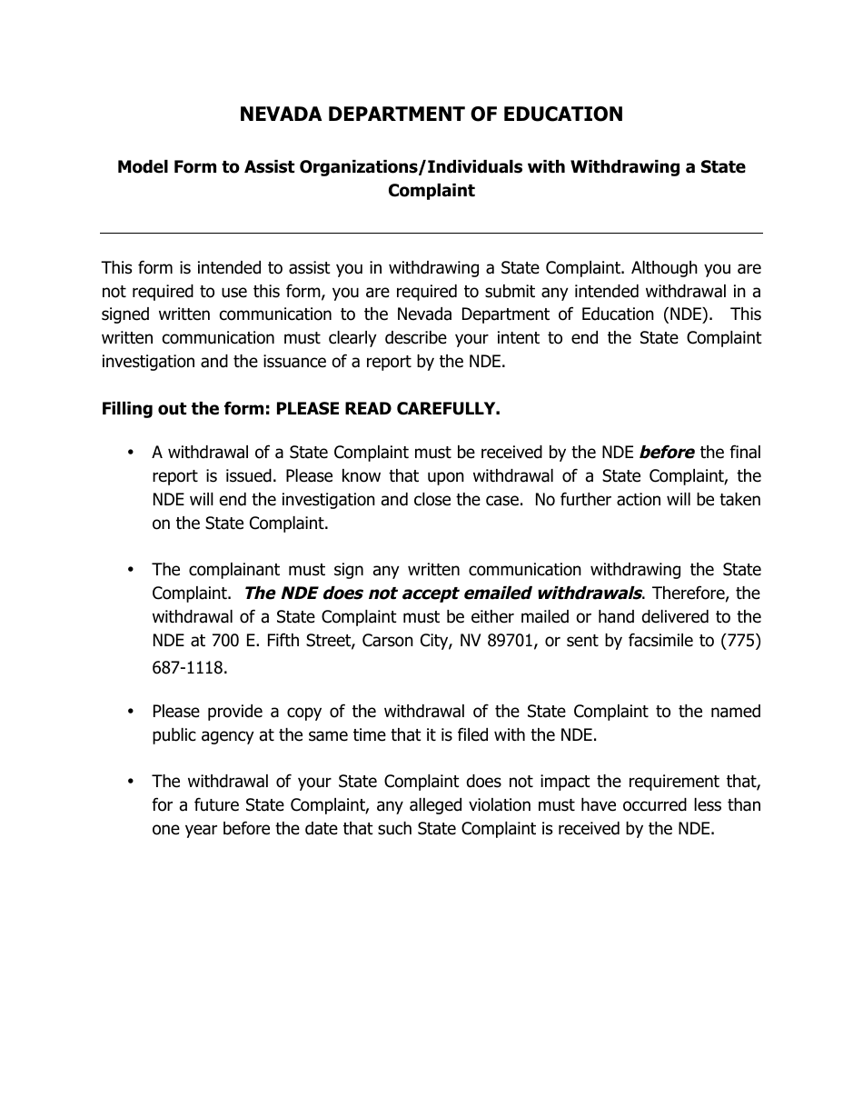Nevada Model Form to Assist Organizations/Individuals With Withdrawing ...