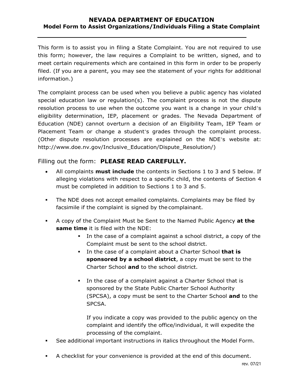Nevada Model Form to Assist Organizations/Individuals Filing a State ...