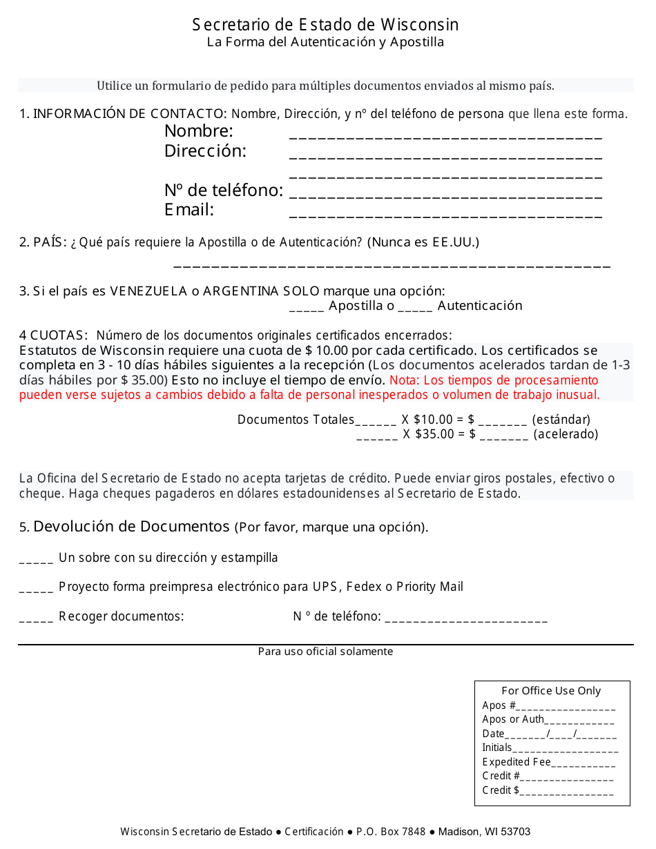 Wisconsin La Forma Del Autenticacion Y Apostilla (Spanish) - Fill Out ...