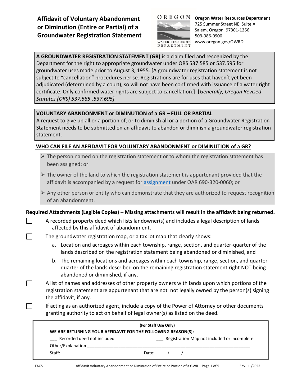 Oregon Affidavit of Voluntary Abandonment or Diminution (Entire or ...