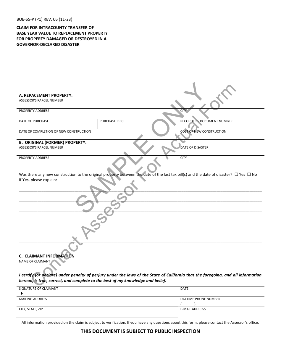 Form BOE-65-P Download Printable PDF or Fill Online Claim for ...