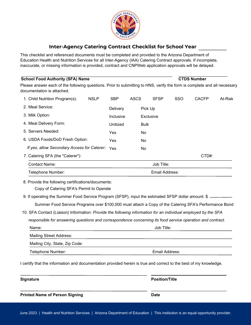 Arizona Inter-Agency Catering Contract Checklist - Fill Out, Sign ...