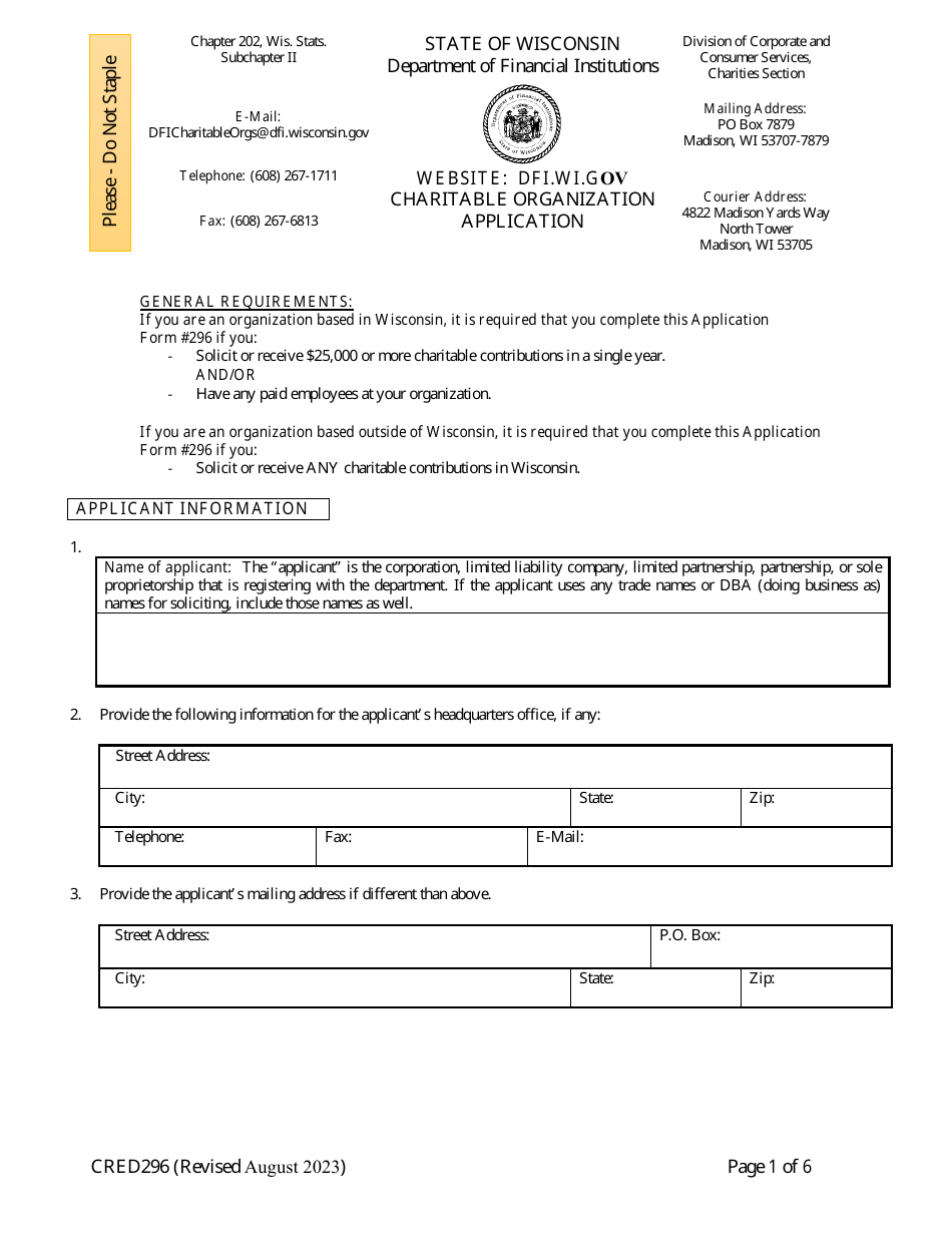 Form CRED296 Download Fillable PDF or Fill Online Charitable ...