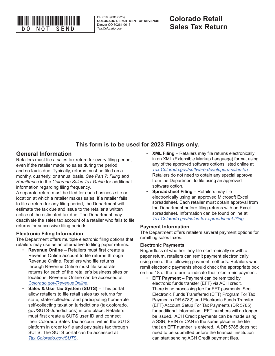 Form DR0100 Download Fillable PDF or Fill Online Colorado Retail Sales ...