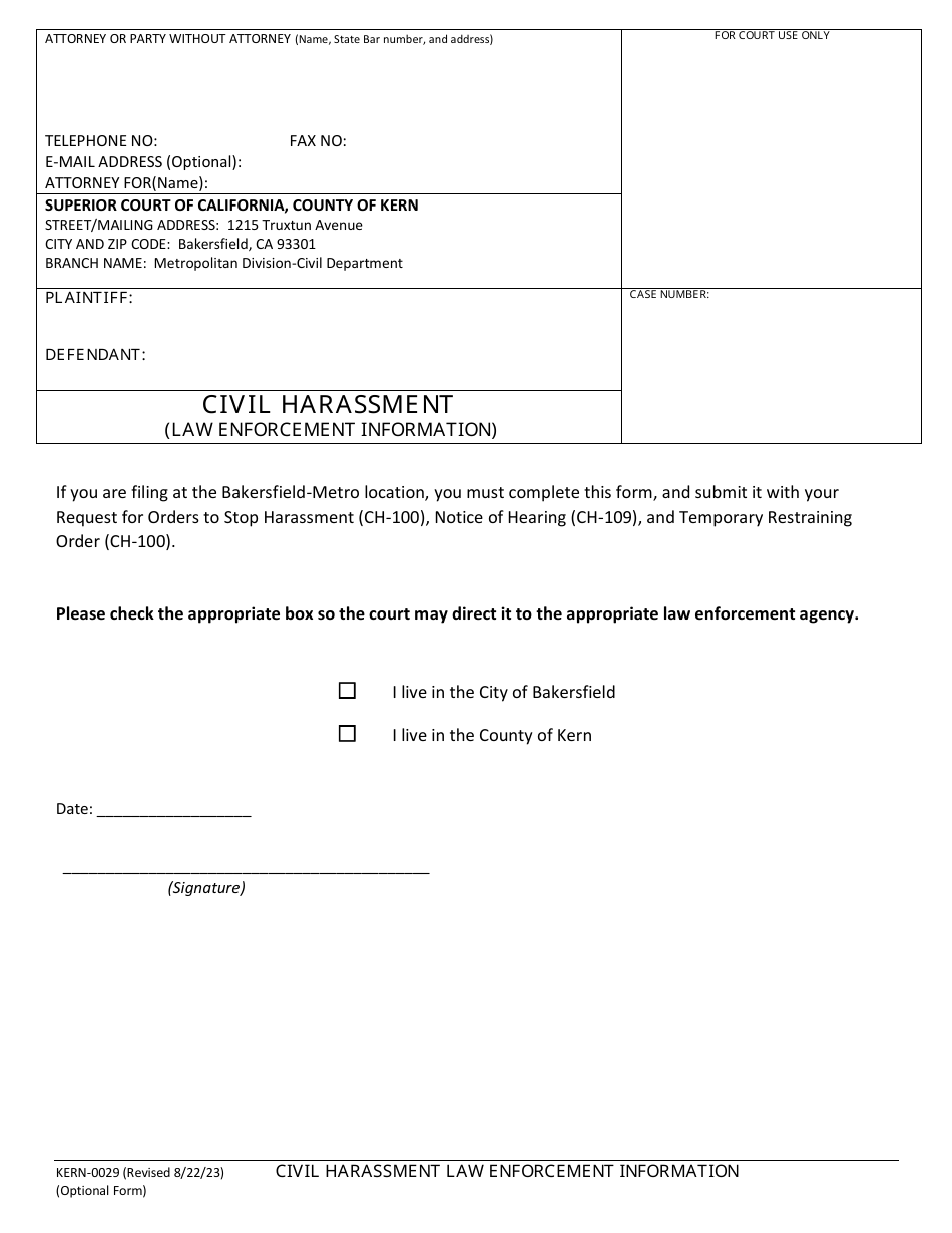 Form KERN-0029 Download Fillable PDF or Fill Online Civil Harassment ...