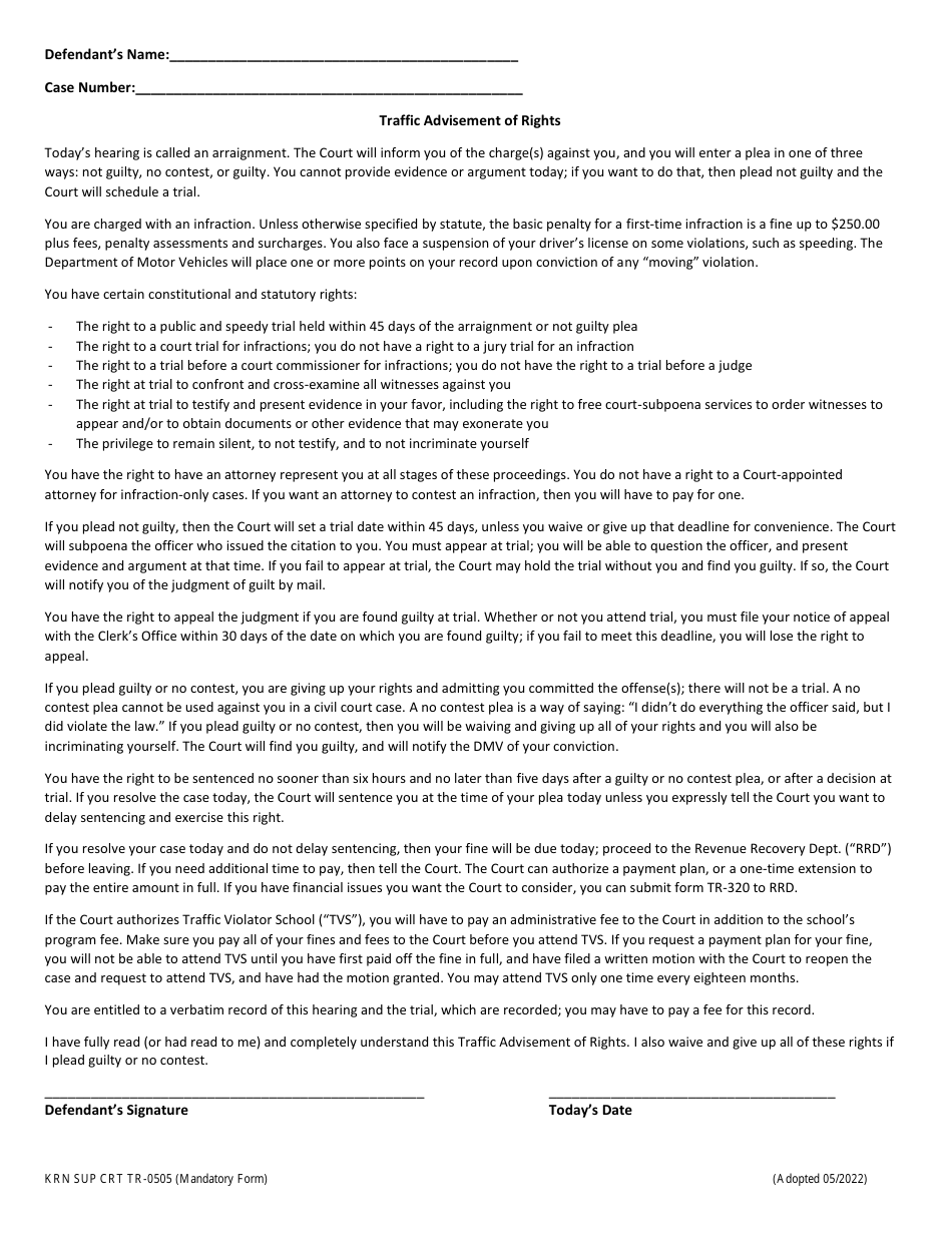 Form KRN SUP CRT TR-0505 - Fill Out, Sign Online and Download Fillable ...