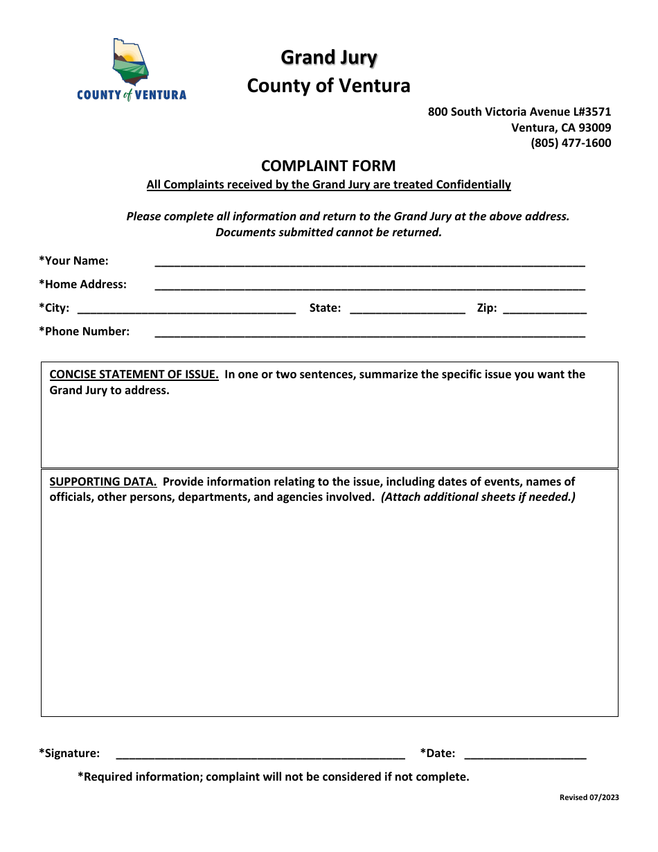 County of Ventura, California Complaint Form Download Fillable PDF 2022 ...