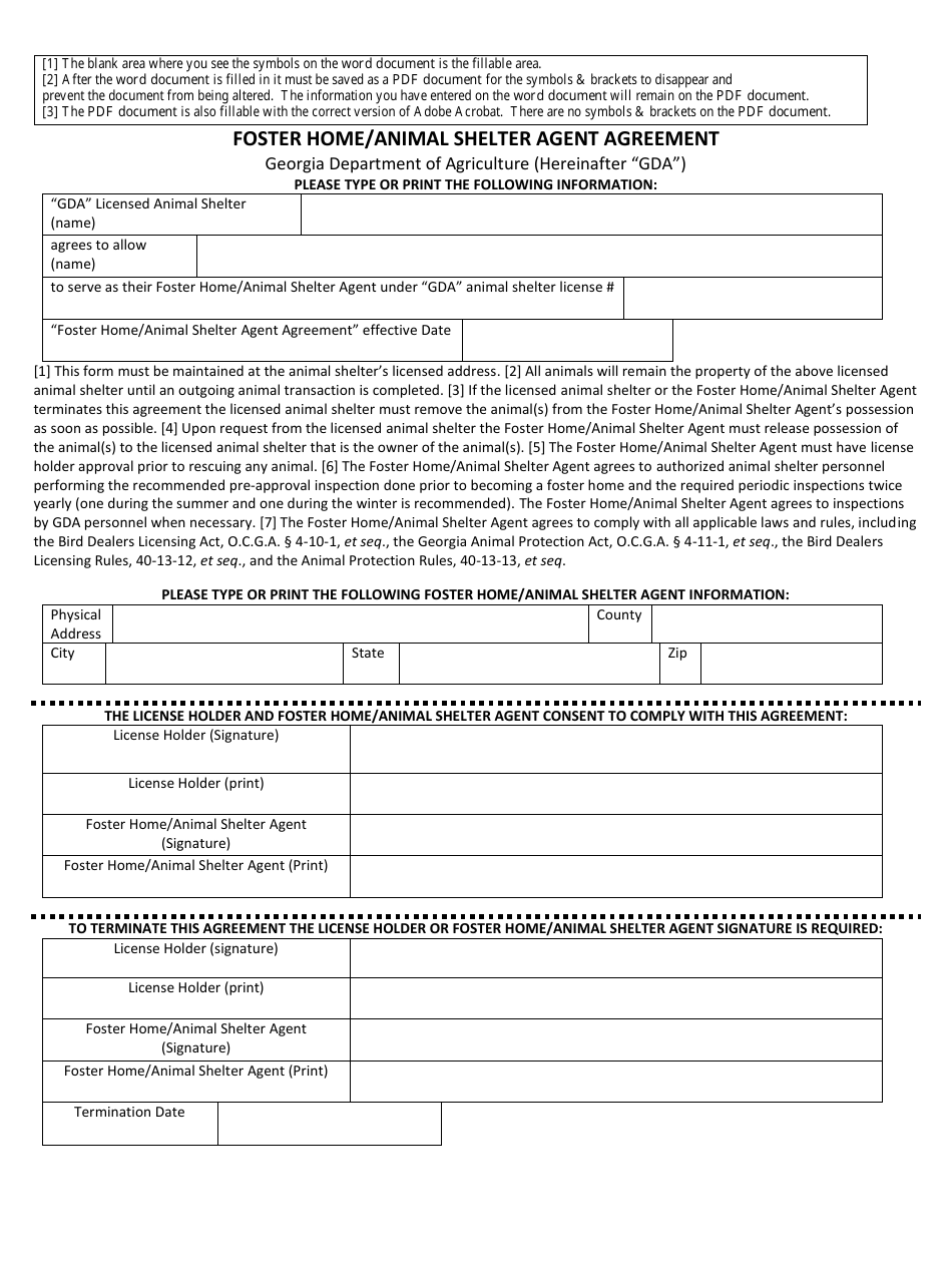 Georgia (United States) Foster Home/Animal Shelter Agent Agreement ...
