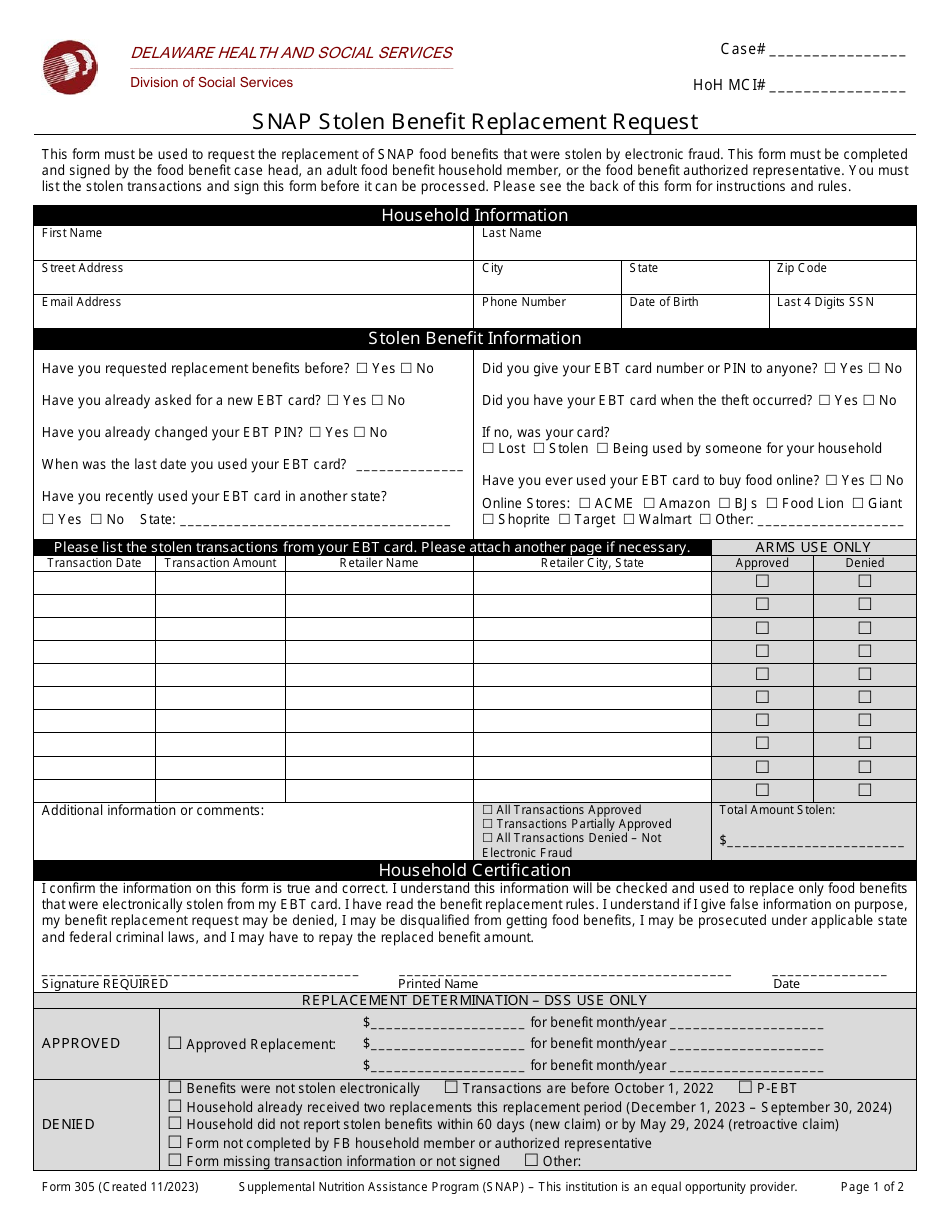 Form 305 - Fill Out, Sign Online and Download Fillable PDF, Delaware ...