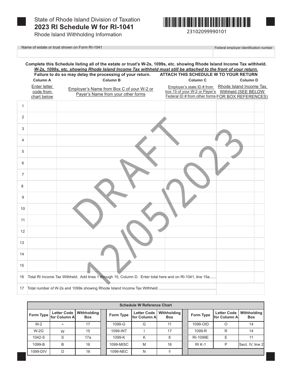 Form RI-1041 Schedule W Download Printable PDF or Fill Online Rhode Island Withholding ...