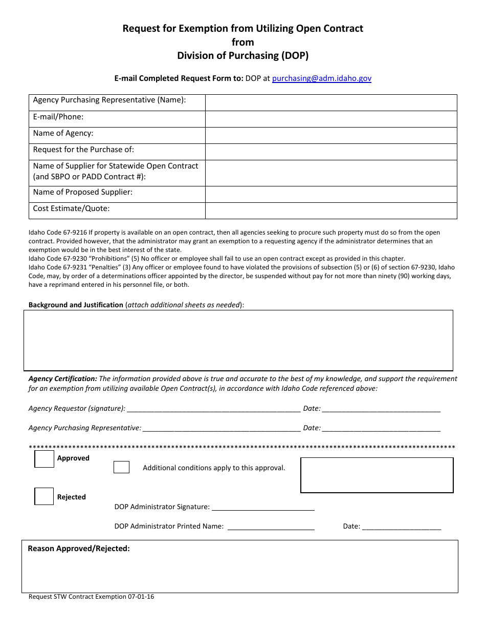 Idaho Request for Exemption From Utilizing Open Contract - Fill Out ...