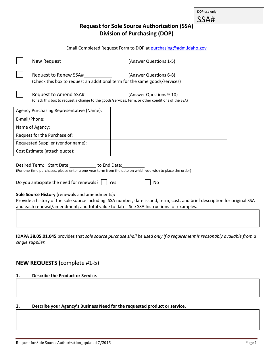 Idaho Request for Sole Source Authorization (Ssa) - Fill Out, Sign ...