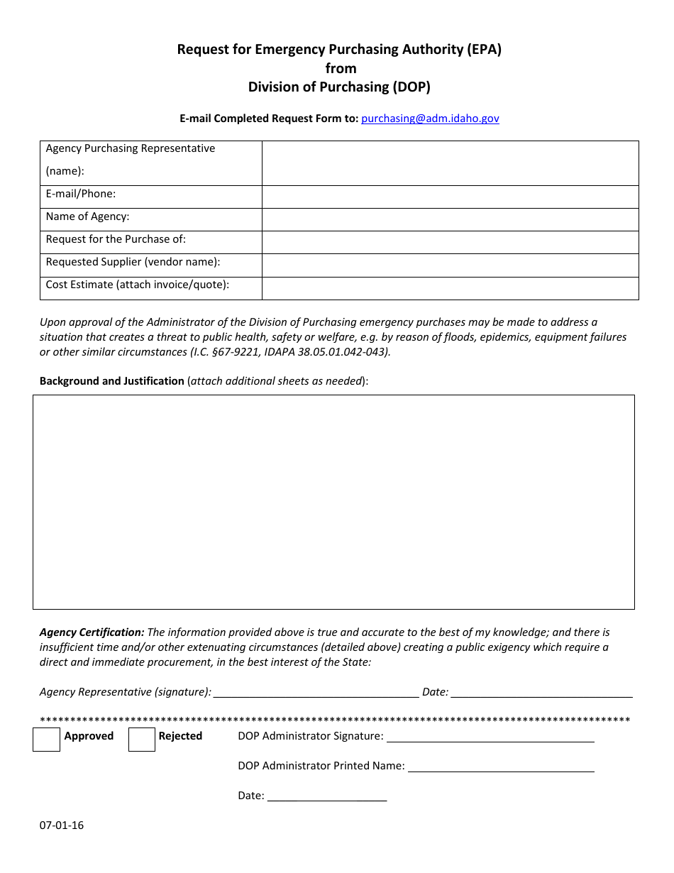 Idaho Request for Emergency Purchasing Authority (EPA) - Fill Out, Sign Online and Download PDF ...
