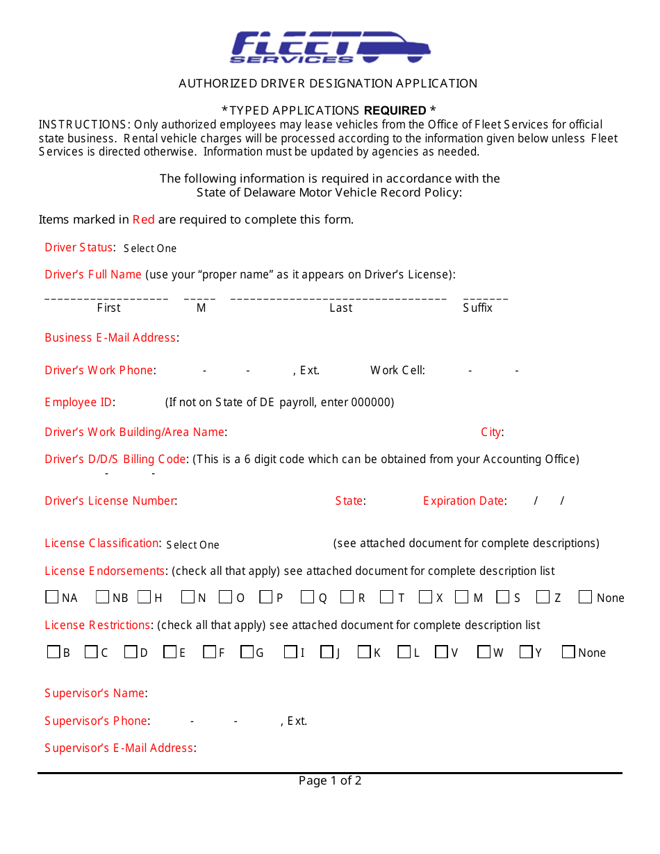 Delaware Authorized Driver Designation Application Download Fillable ...