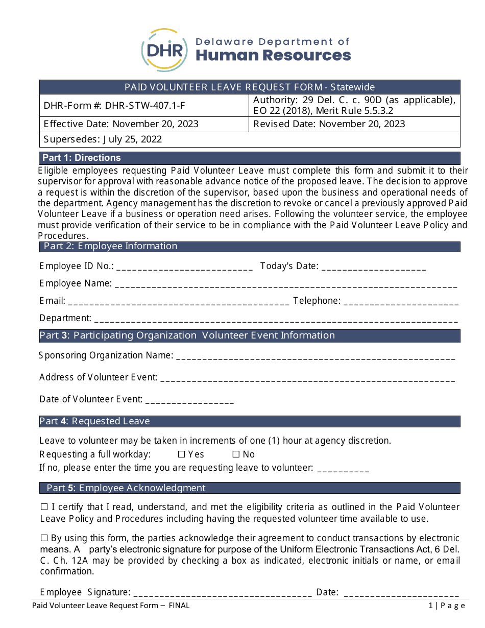 Delaware Paid Volunteer Leave Request Form - Statewide Download ...