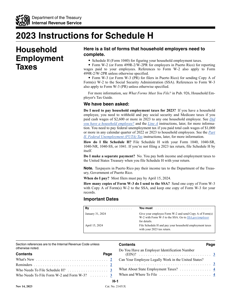 Download Instructions for IRS Form 1040 Schedule H Household Employment ...