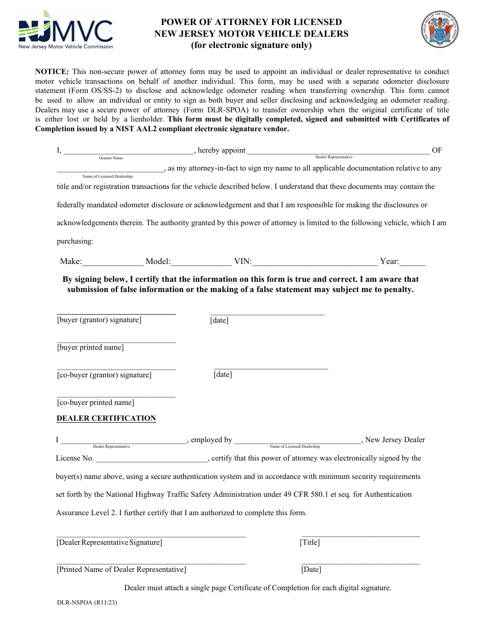 Form DLR-NSPOA Download Fillable PDF or Fill Online Power of Attorney ...