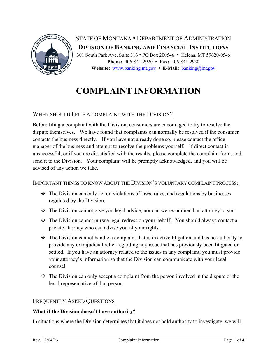 Montana Complaint Form Download Fillable PDF | Templateroller