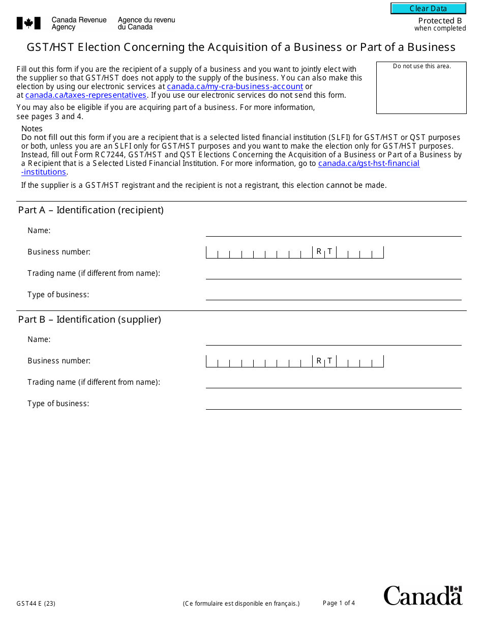 Form GST44 Download Fillable PDF or Fill Online Gst/Hst Election ...
