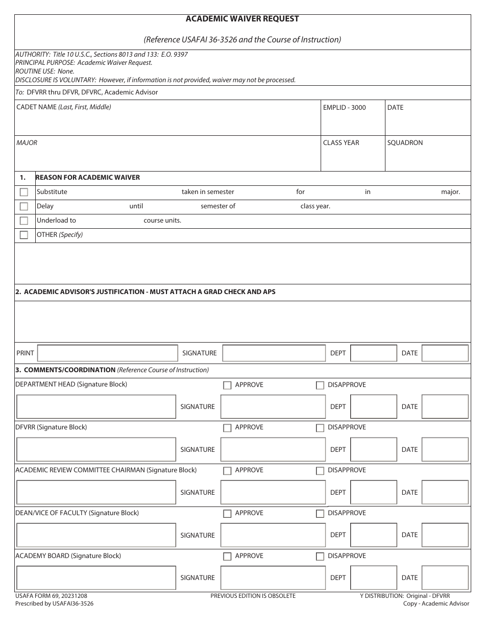 USAFA Form 69 Download Fillable PDF or Fill Online Academic Waiver ...