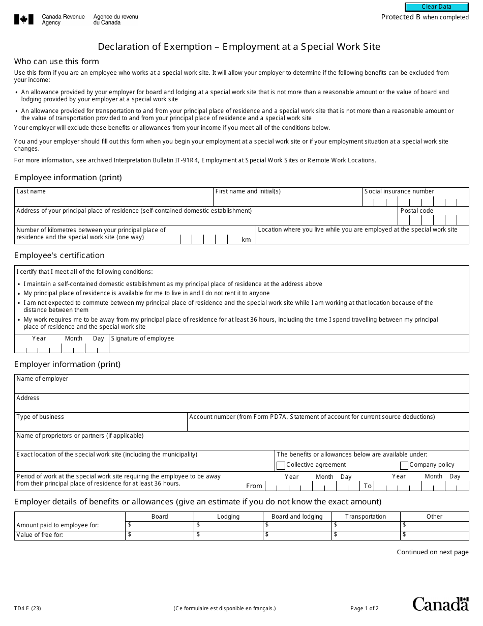 Form TD4 Download Fillable PDF or Fill Online Declaration of Exemption ...