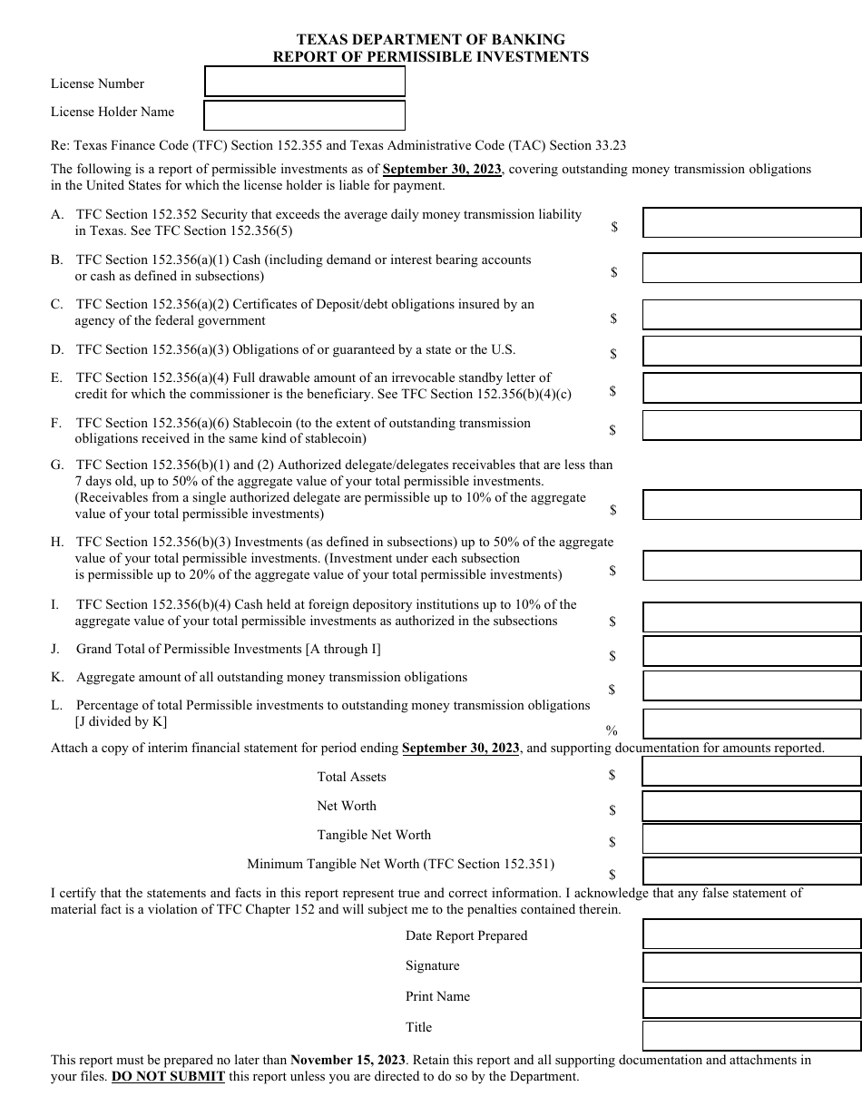 2023 Texas Report of Permissible Investments - 3rd Quarter - Fill Out ...