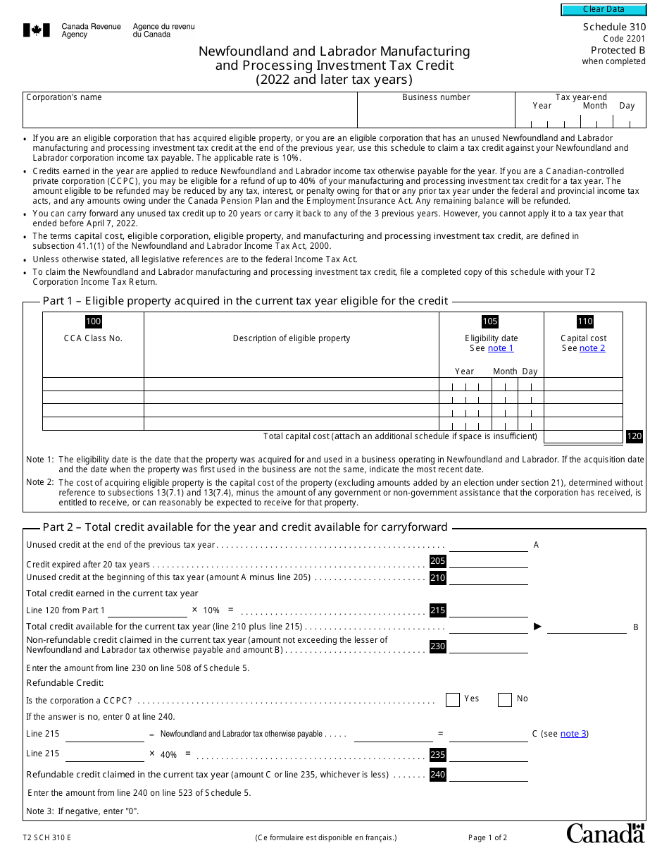 Form T2 Schedule 310 - Fill Out, Sign Online and Download Fillable PDF ...