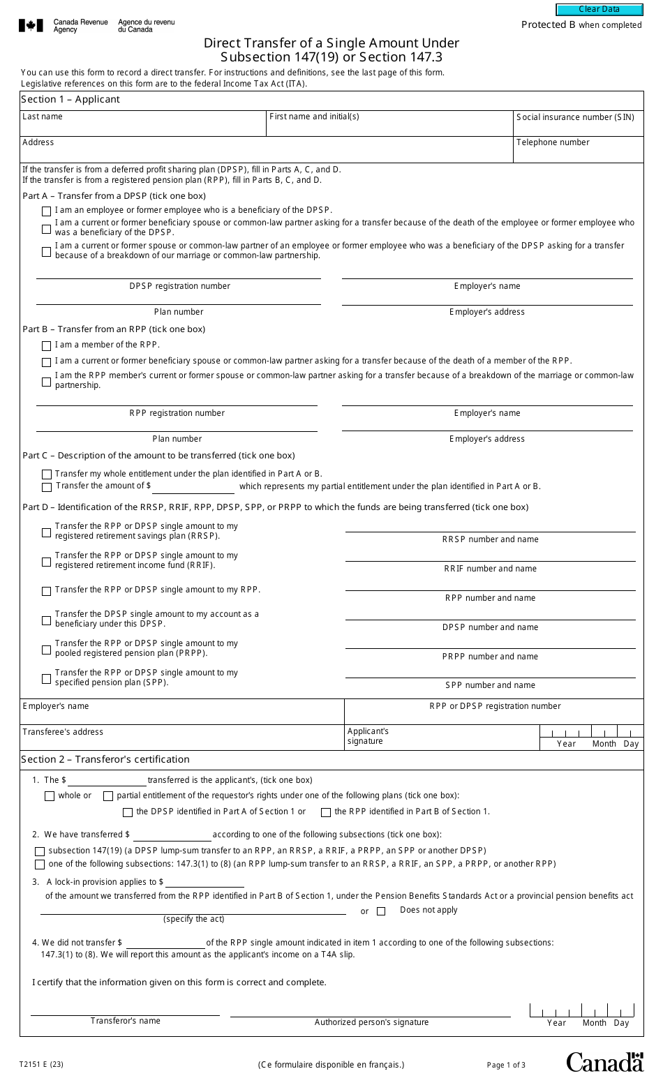 Form T2151 Download Fillable PDF or Fill Online Direct Transfer of a ...