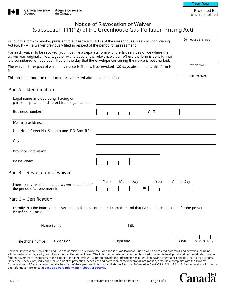 Form L407-1 - Fill Out, Sign Online and Download Fillable PDF, Canada ...