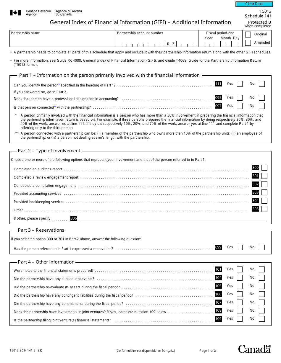 Form T5013 Schedule 141 Download Fillable PDF or Fill Online General ...