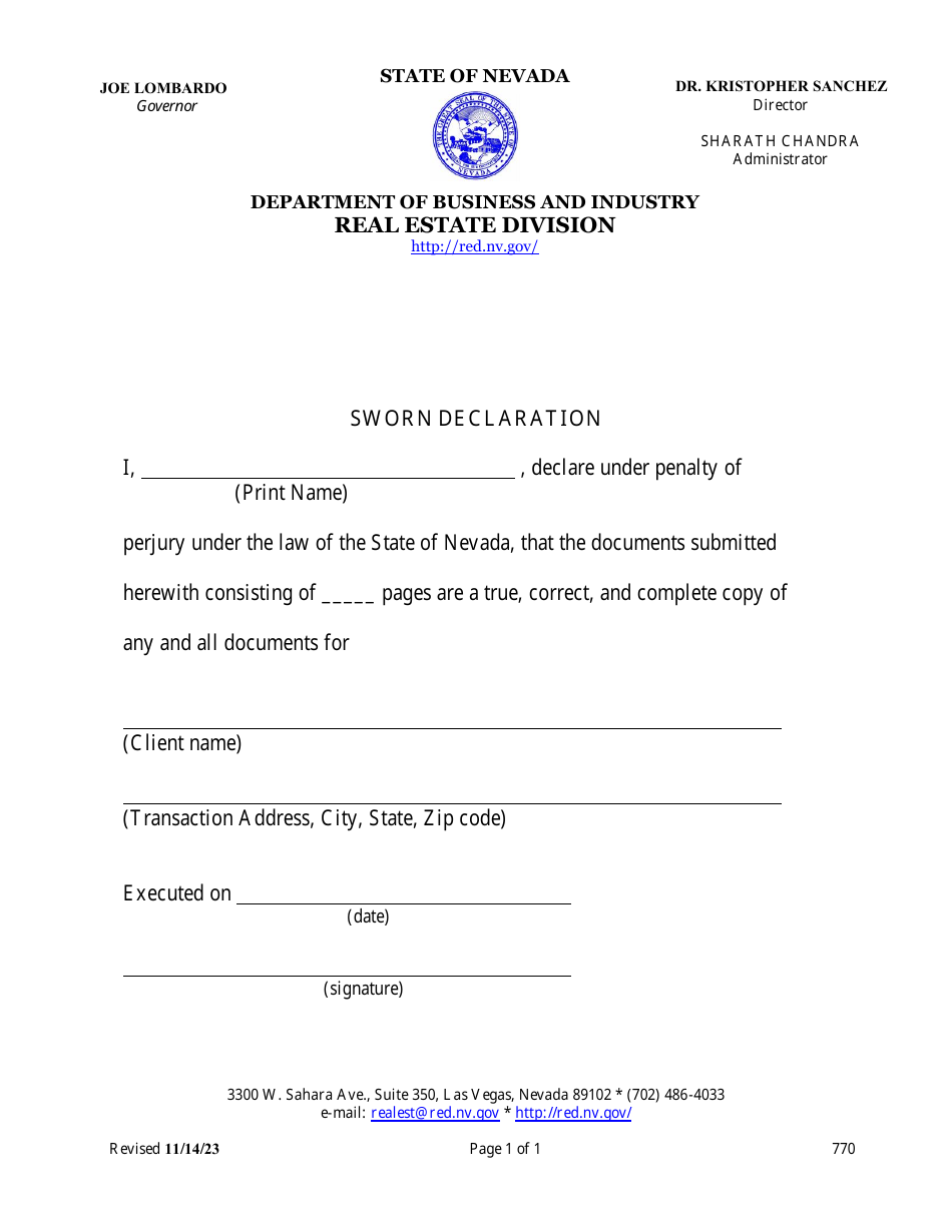 Form 770 Download Fillable PDF or Fill Online Sworn Declaration, Nevada ... Form 770 Download Fillable PDF or Fill Online Sworn Declaration, Nevada ...