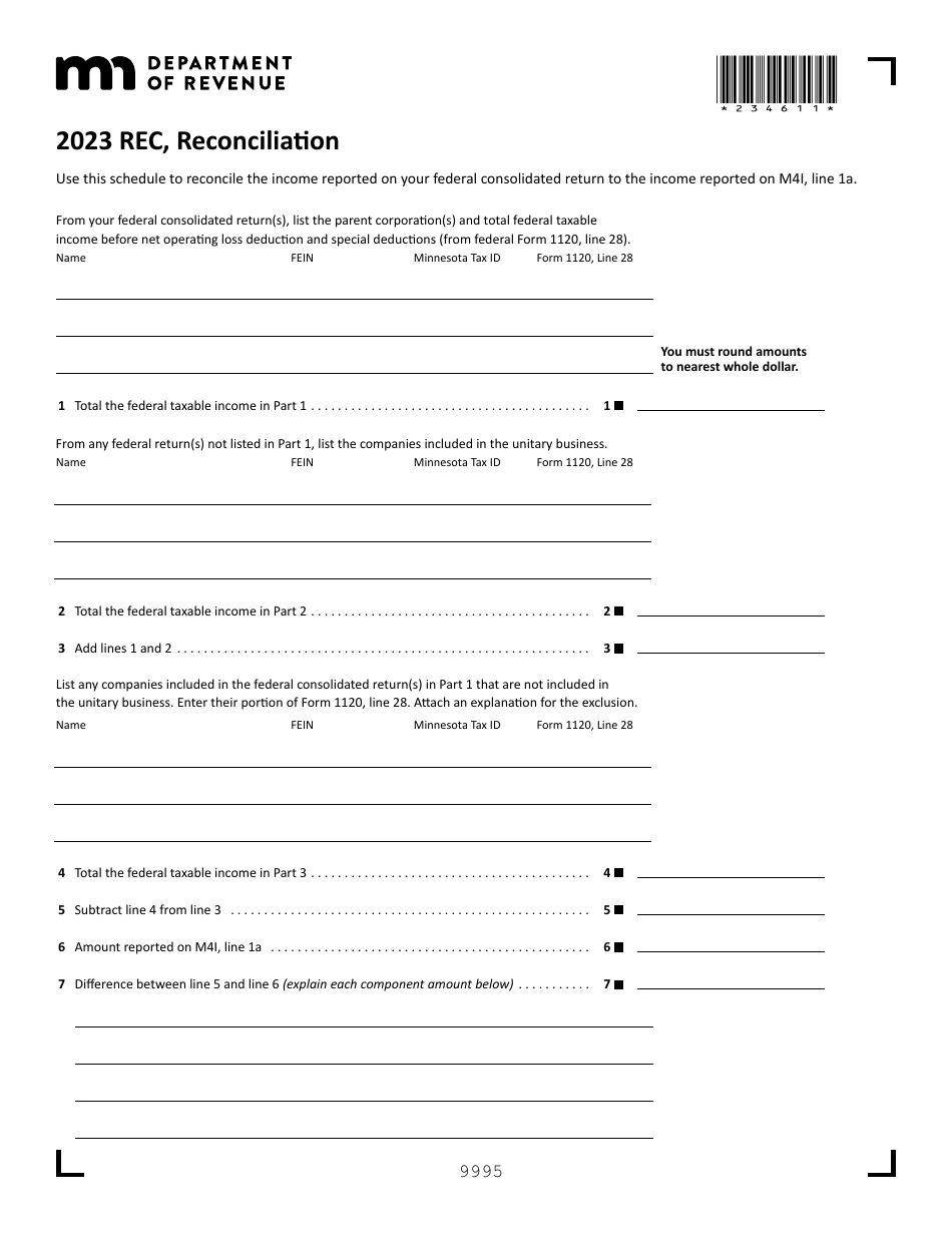 Form REC Download Fillable PDF or Fill Online Reconciliation - 2023 ...
