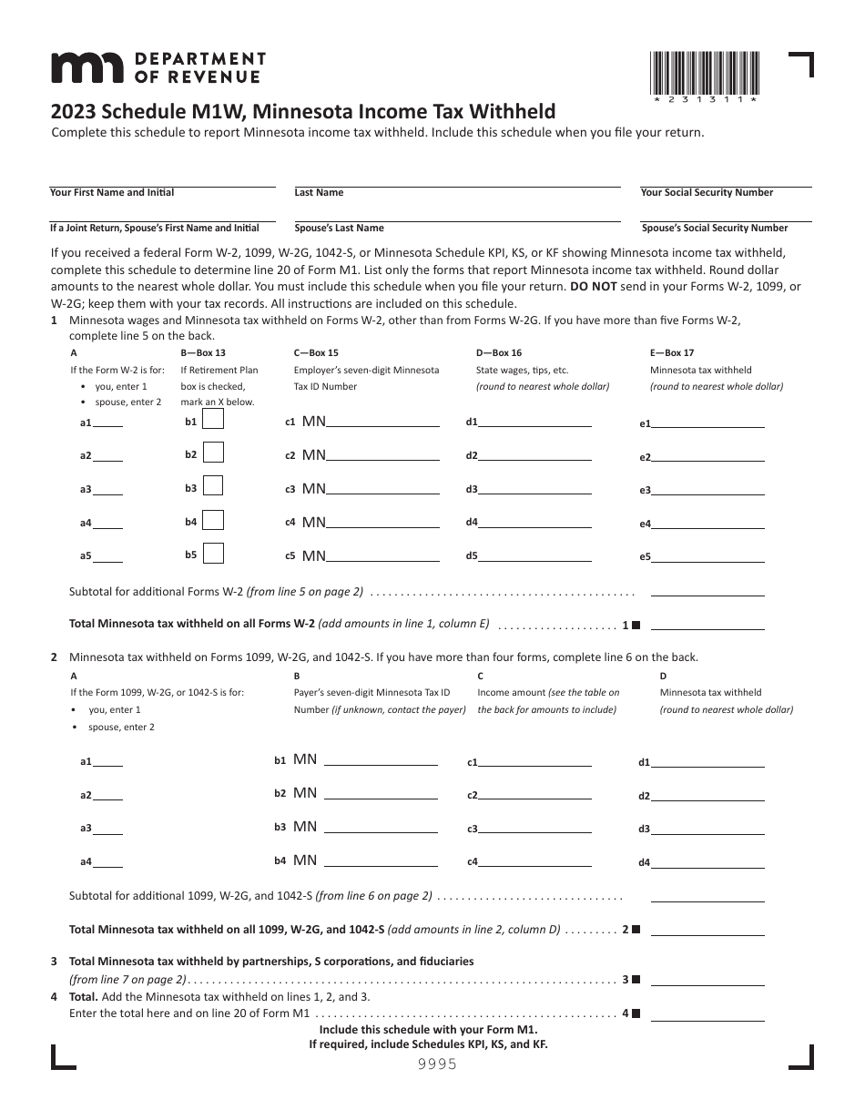 Schedule M1W Download Fillable PDF or Fill Online Minnesota Income Tax ...
