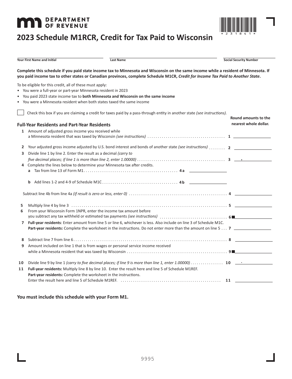 Schedule M1RCR Download Fillable PDF or Fill Online Credit for Tax Paid ...