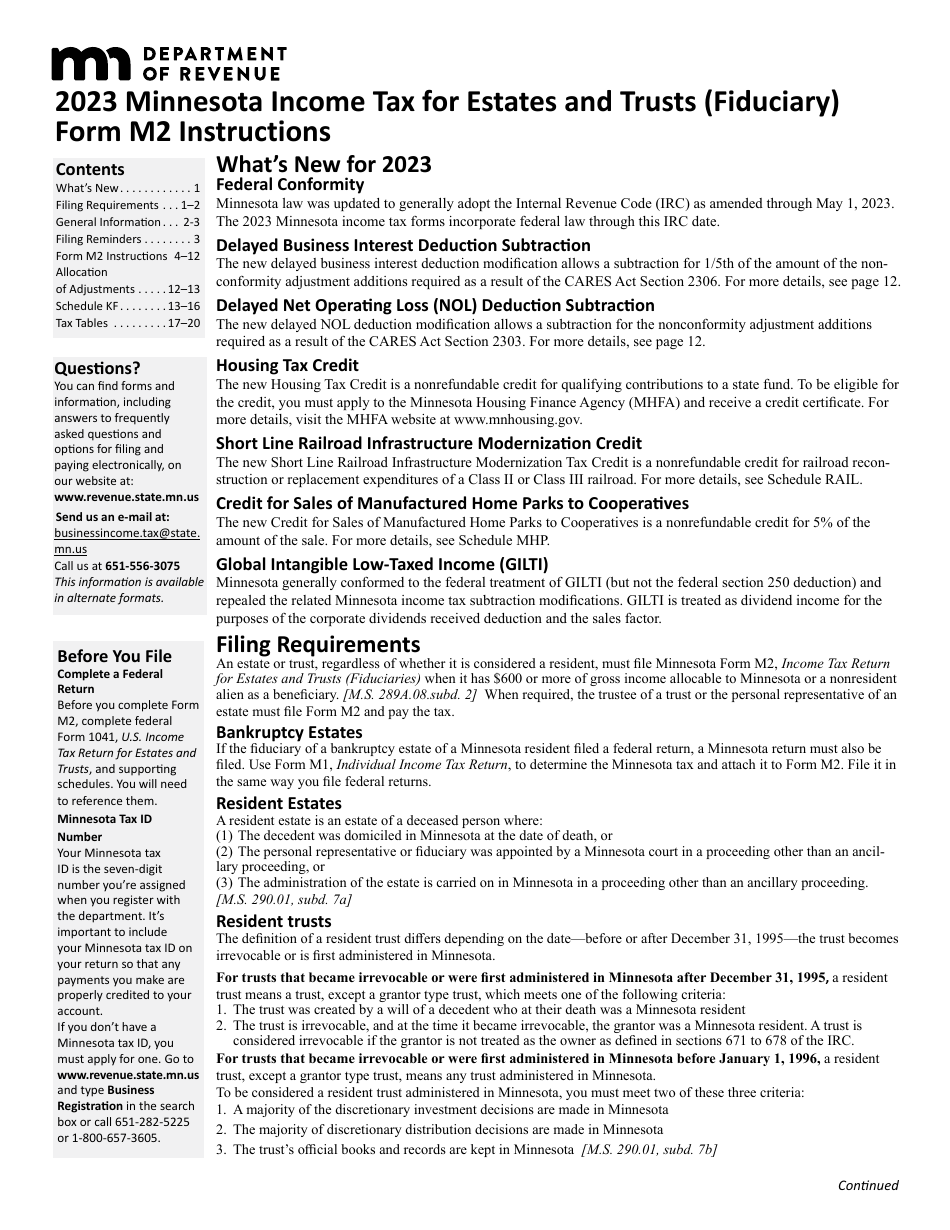 Download Instructions for Form M2 Income Tax Return for Estates and ...