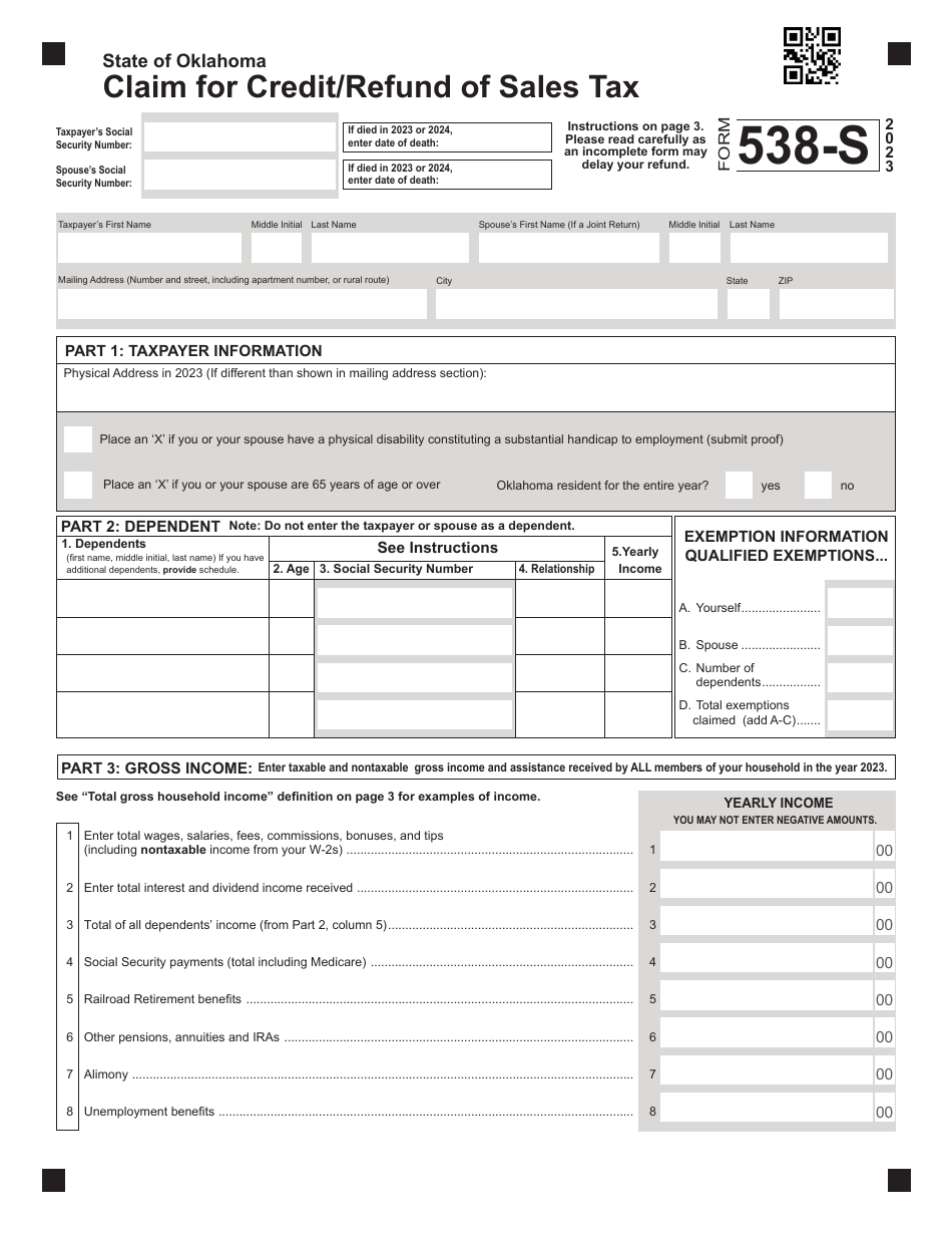 Form 538-S Download Fillable PDF or Fill Online Claim for Credit/Refund ...