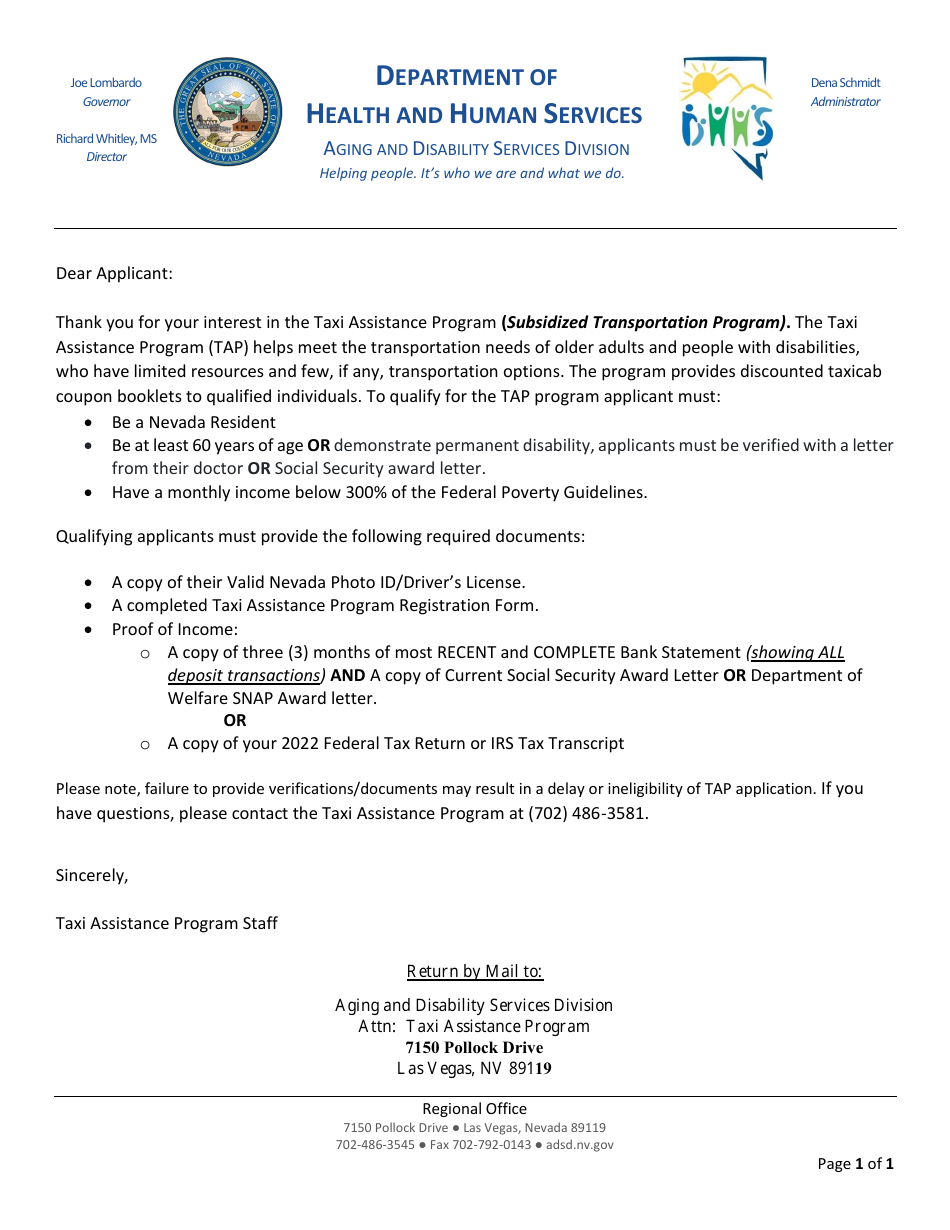 Nevada Taxi Assistance Program Registration Form Download Fillable PDF ...