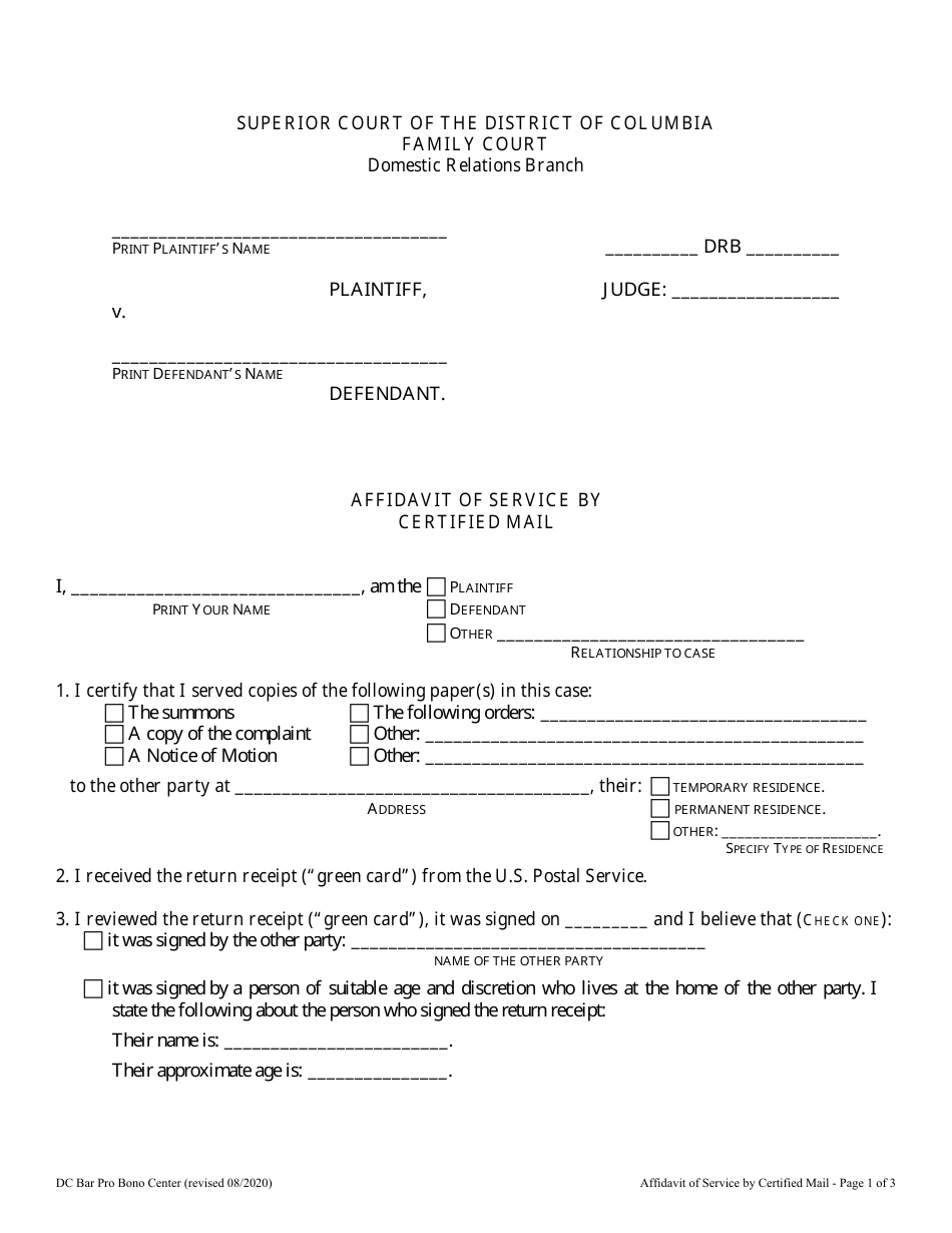 Washington, D.C. Affidavit of Service by Certified Mail - Fill Out ...