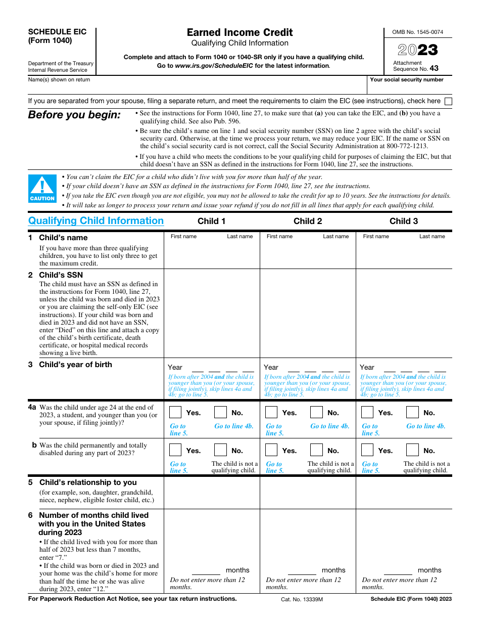 IRS Form 1040 Schedule EIC Download Fillable PDF or Fill Online Earned ...