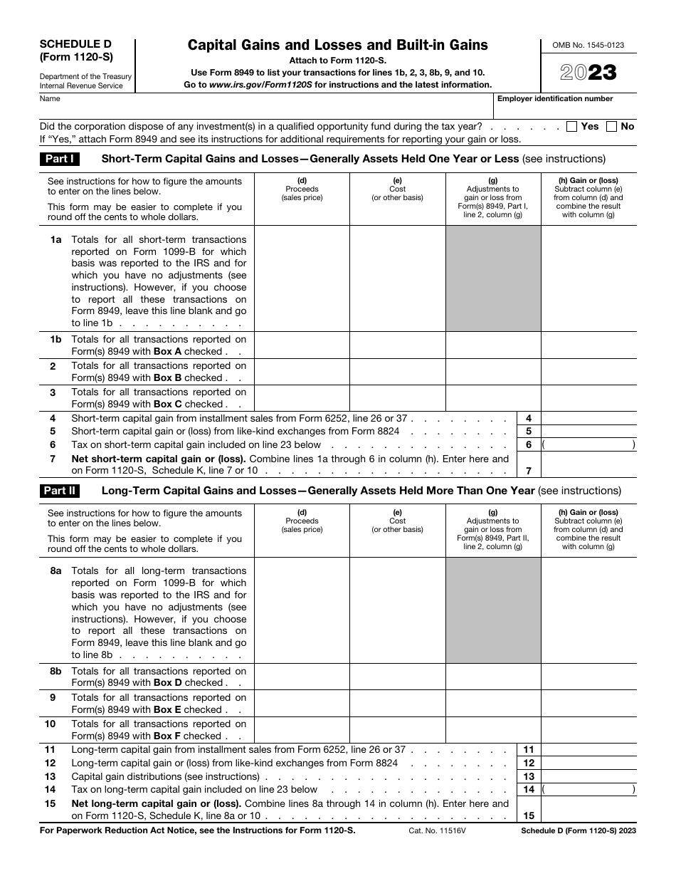 IRS Form 1120-S Schedule D Download Fillable PDF or Fill Online Capital Gains and Losses and ...